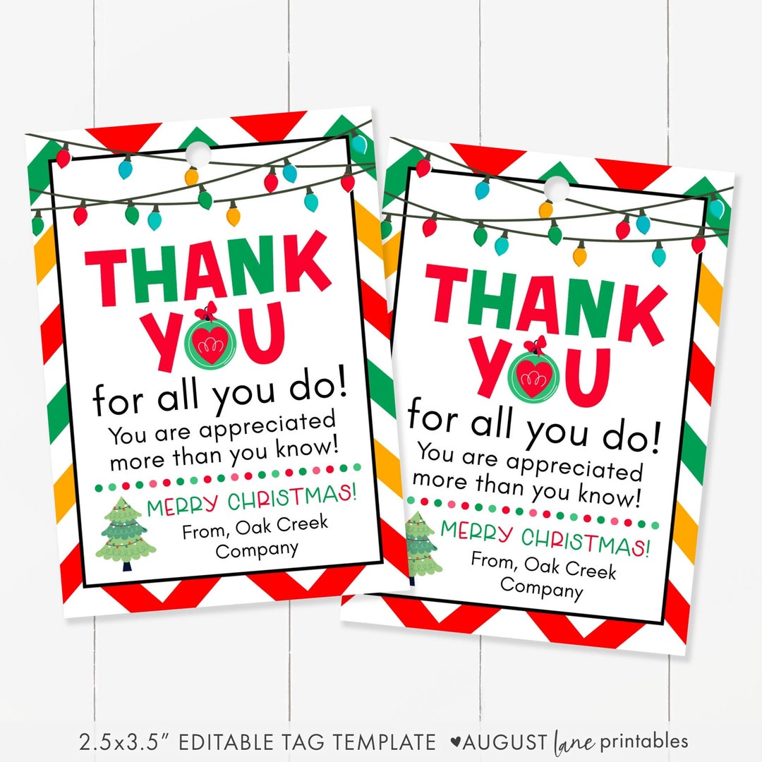 Editable Christmas Holiday Thank You Gift Tag Template, Staff ...