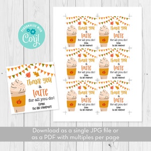 Editable Thank You A Latte Pumpkin Spice Coffee Gift Tag Template ...