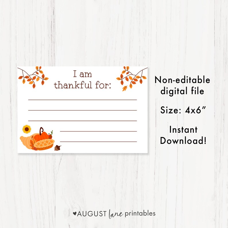 Printable I Am Thankful for Cards, Thanksgiving Gratitude Cards ...