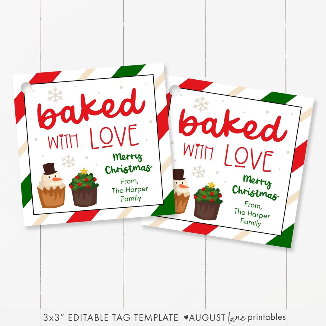Baked With Love Christmas Cupcake Gift Tag, Editable Template, 3x3 ...