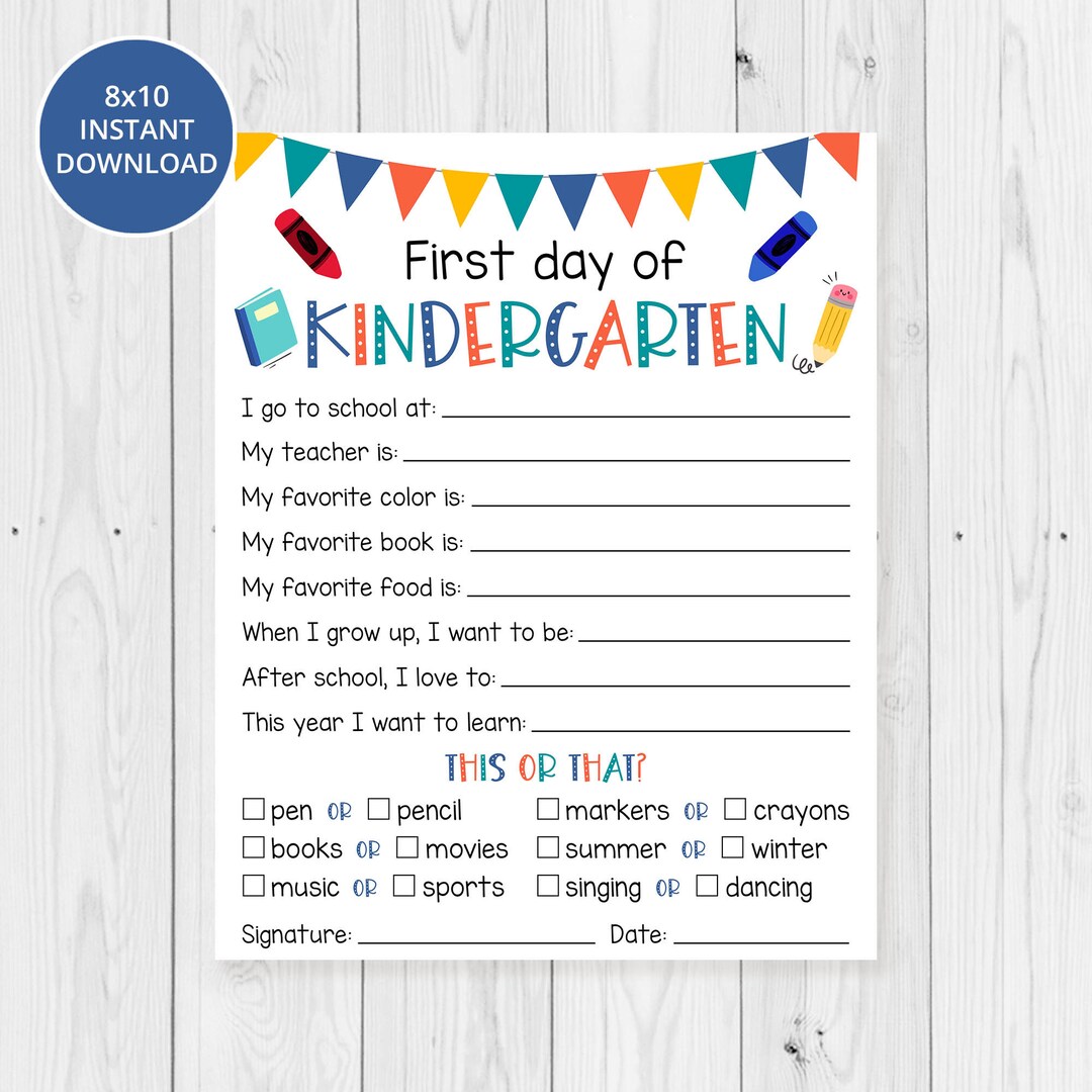 First Day of Kindergarten 8x10 Printable, All About Me Kids First Day ...
