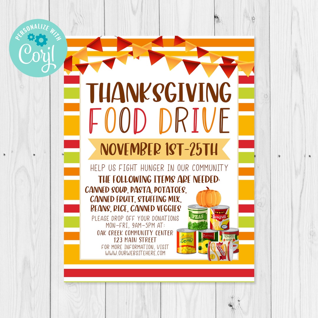 Editable Thanksgiving Food Drive Flyer Template, Fall Food Drive Sign ...