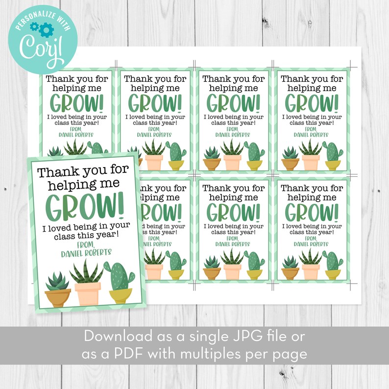 Plant Succulent Gift Tag Template, Thank You for Helping Me Grow ...