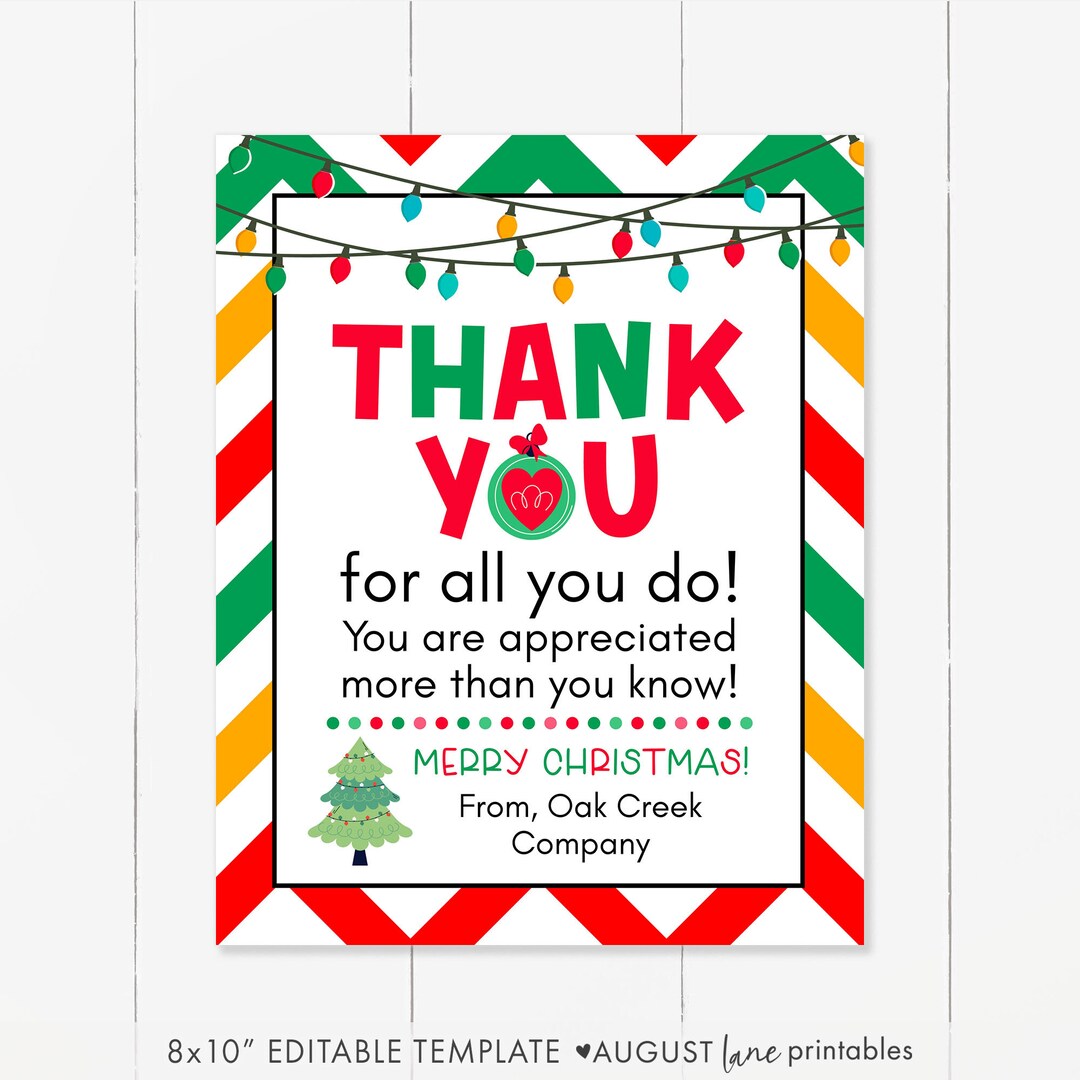 Christmas Holiday Thank You Sign Editable Template, Teacher Staff ...