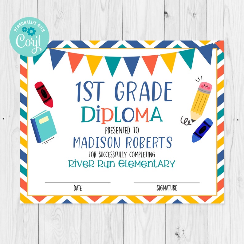 Editable 1st Grade Diploma Template, 1st Grade Completion Certificate ...