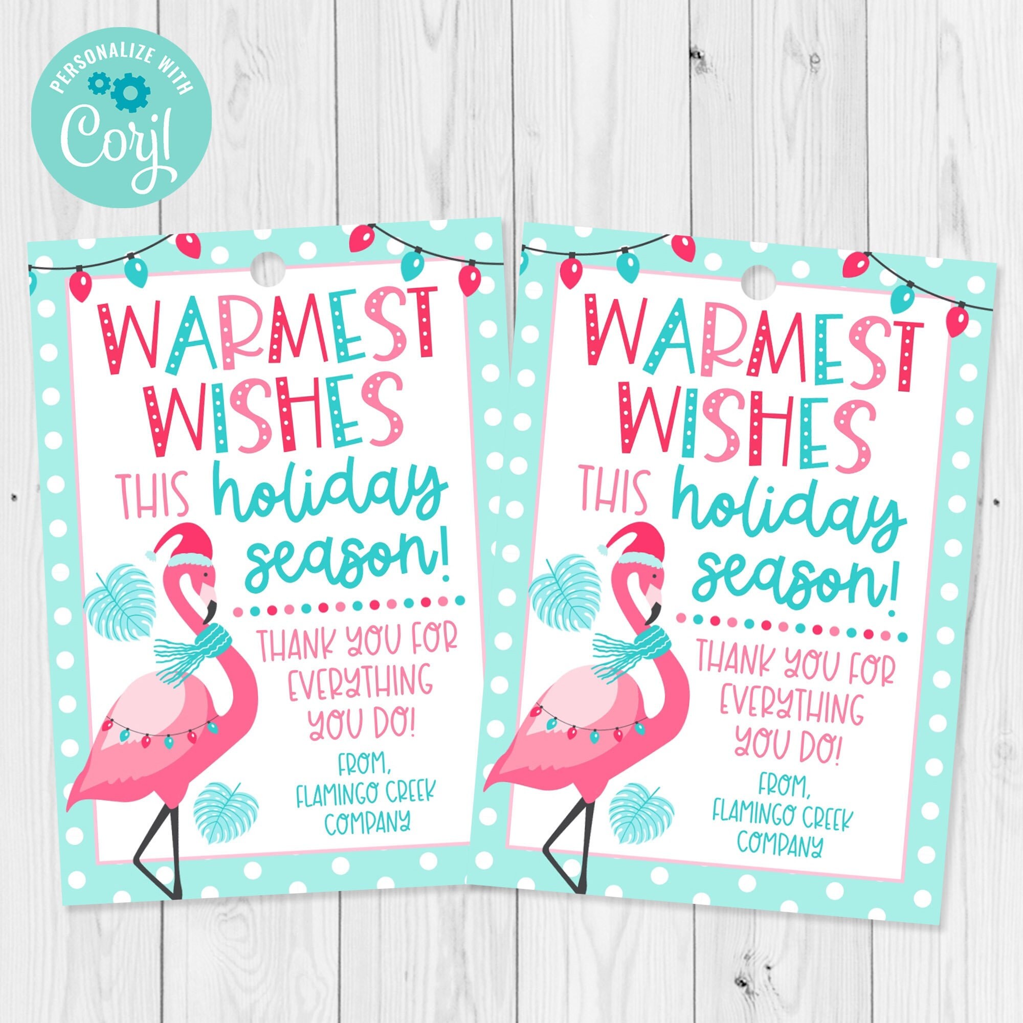 Flamingo Christmas Gift Tag Template Warmest Wishes Holiday | Etsy
