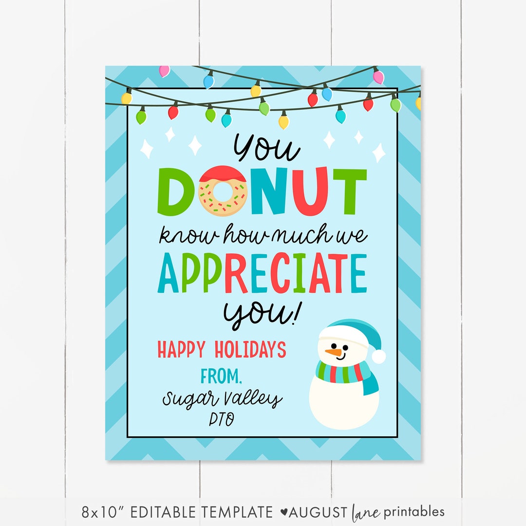 Editable Holiday Donut Employee Appreciation Sign Template, 8x10 Staff ...