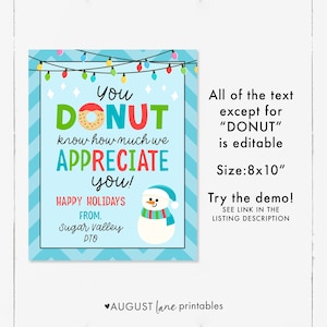 Editable Holiday Donut Employee Appreciation Sign Template, 8x10 Staff ...