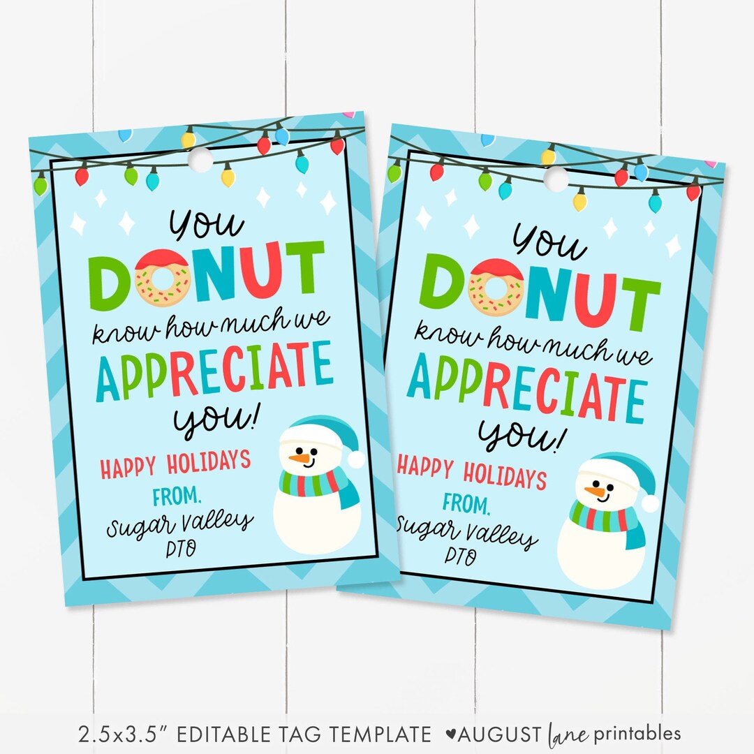 Holiday Donut Appreciation Gift Tag Template, Donut Teacher, Staff ...