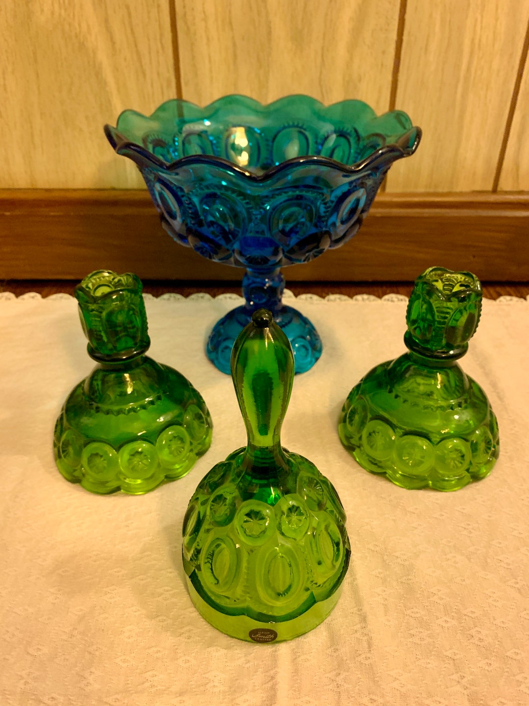 L.E. Smith Moon and Stars Glass Decor Selection Bell Candle Sticks ...
