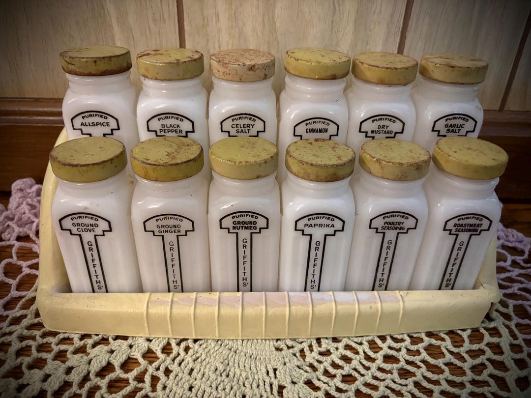 MCM Griffith’s Art Deco Milk Glass Spice Rack Set | Yellow Lids | Set ...