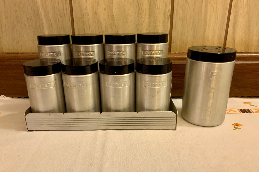 Mid-century Spun Aluminum Kromex Spice Jar Set and Flour Shaker With ...