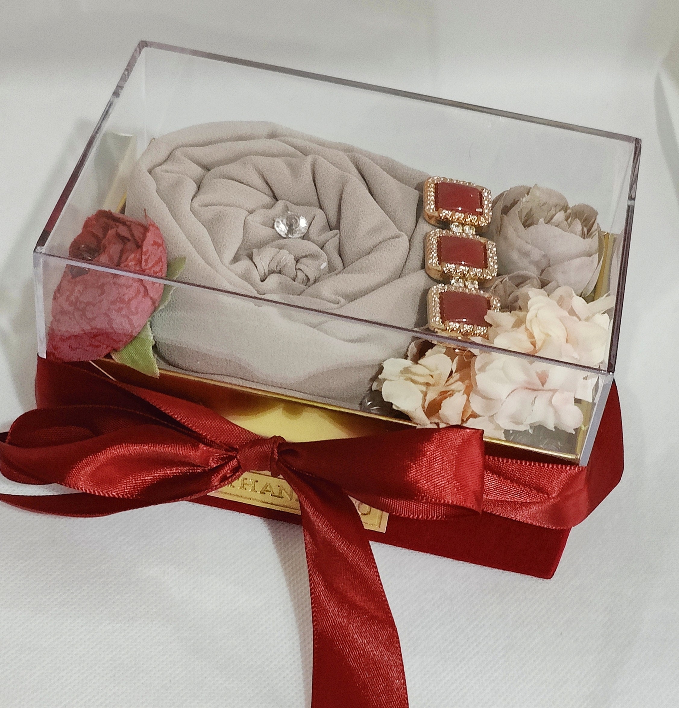 Clear Lid Velvet Hijab Gift Box With Scented Flowers, Personalised ...