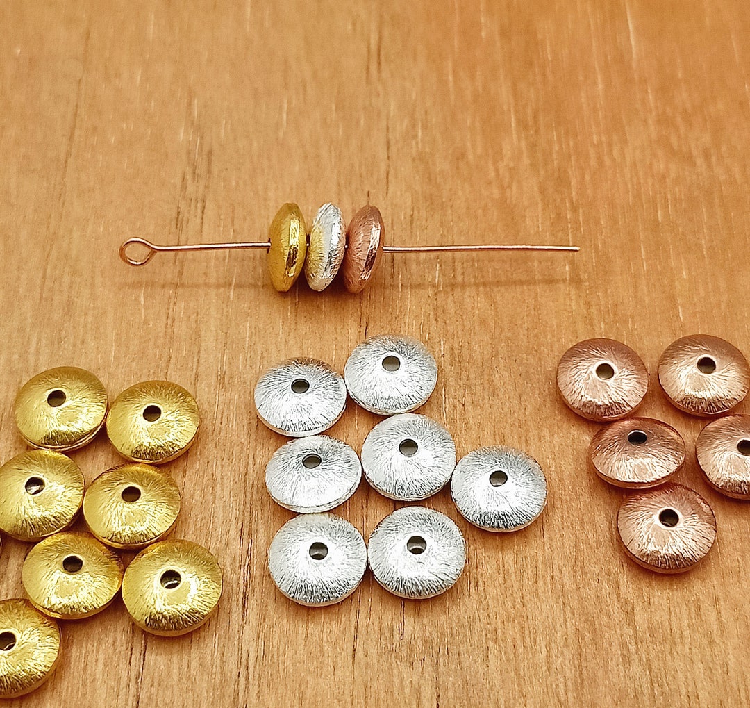10mm Flat Round Beads, Gold Plated Brushed Finish Disc Beads, Brushed ...