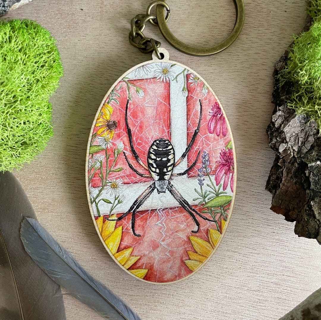 Garden Spider Keychain Spider Art Spider Watercolor Garden Gifts Wooden ...