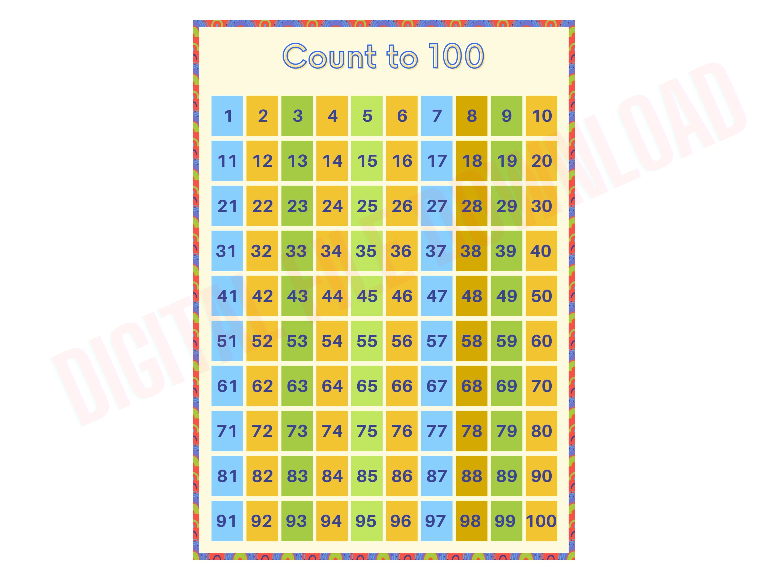 100 Number Chart, Boho Educational Art , Hundreds Chart, Digital ...