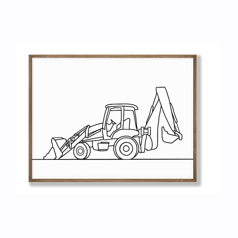 Construction Truck Line Art Backhoe Loader and Track Hoe Excavator Two ...