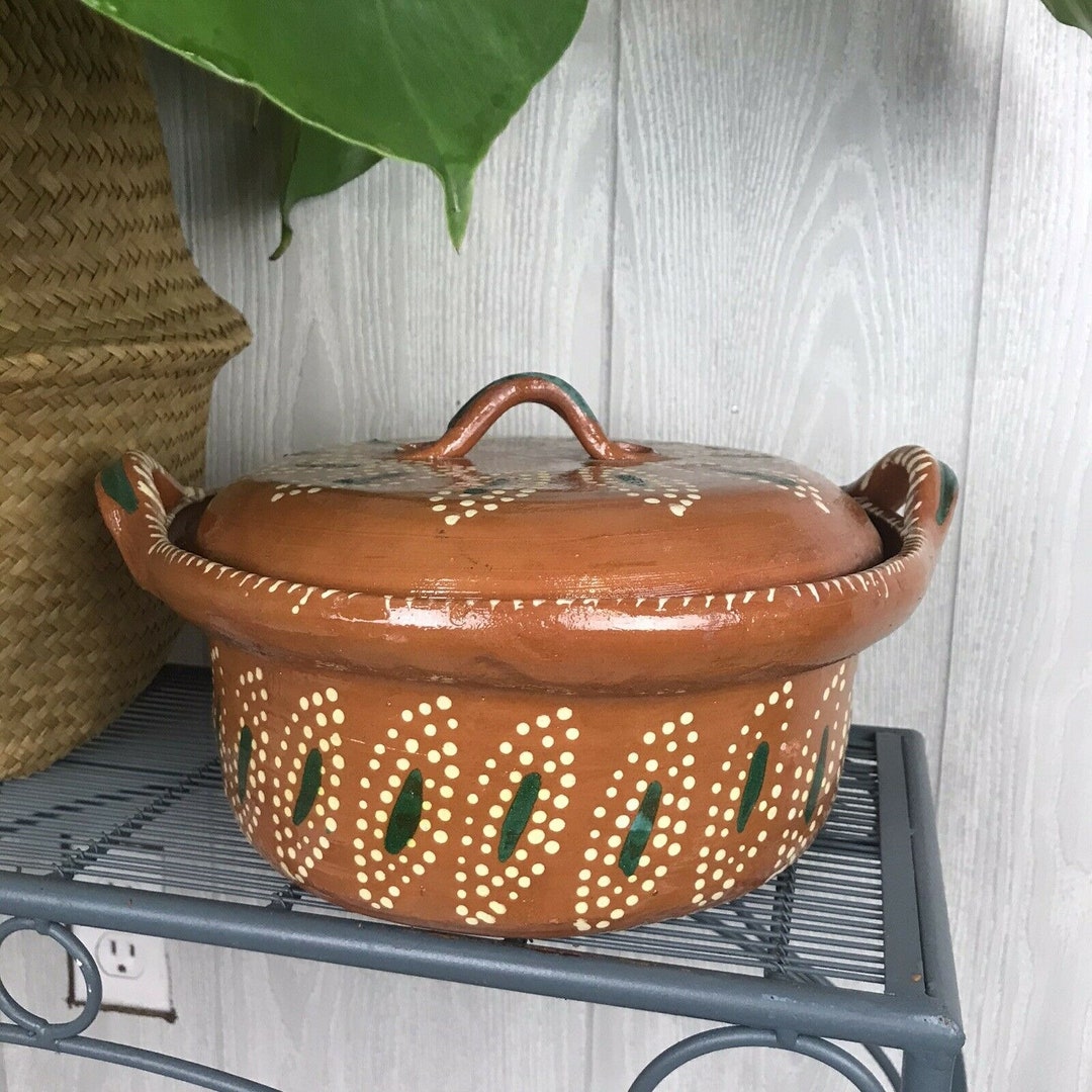 Vintage Redware Pottery Cazulea Hand Painted Lidded Round Casserole ...