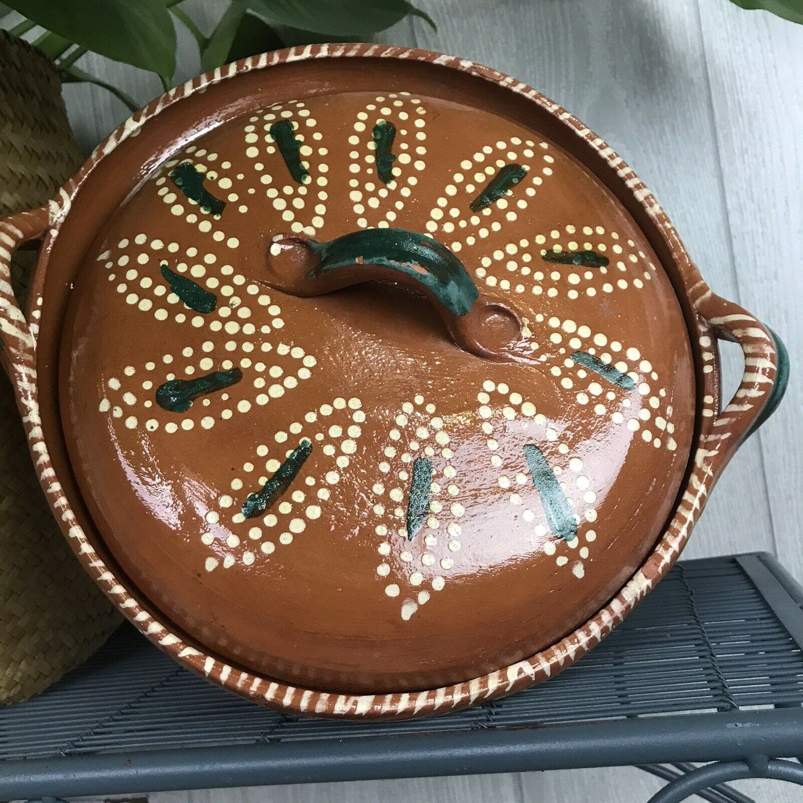 Vintage Redware Pottery Cazulea Hand Painted Lidded Round Casserole ...