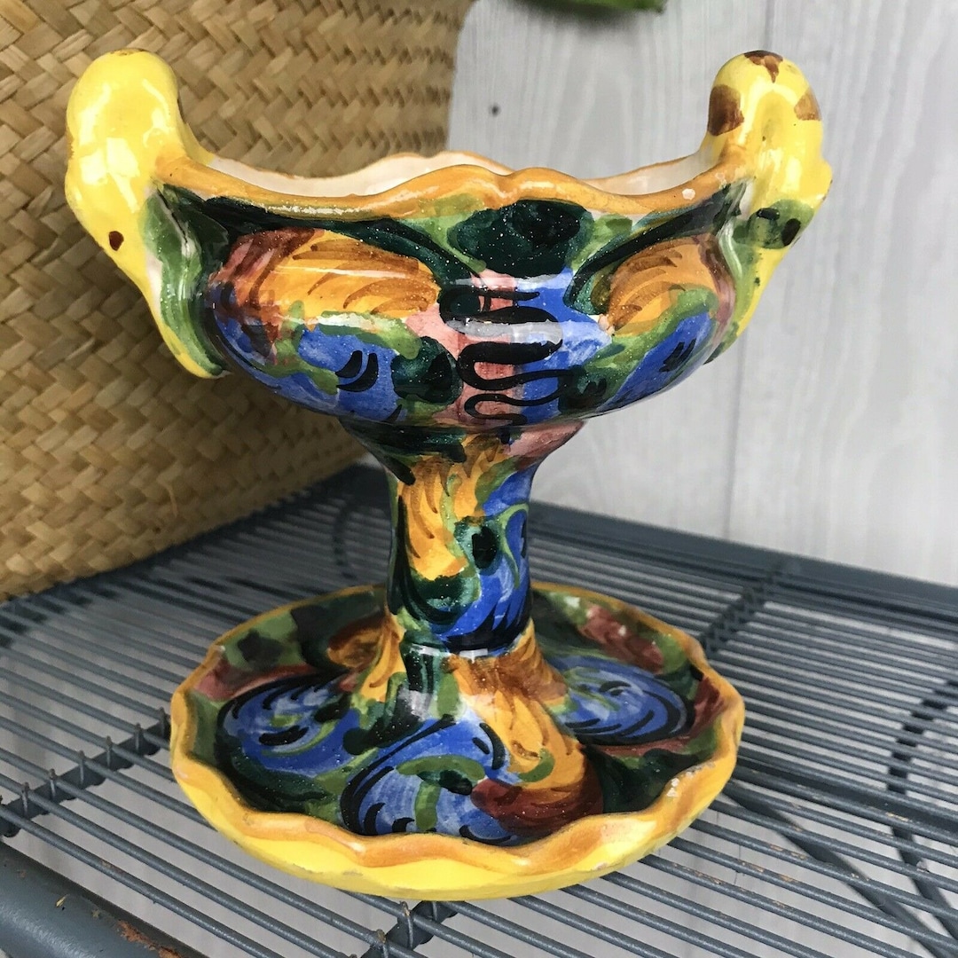 Vintage Cellini Signed Hand Painted Candlestick Holder Italian Pottery ...