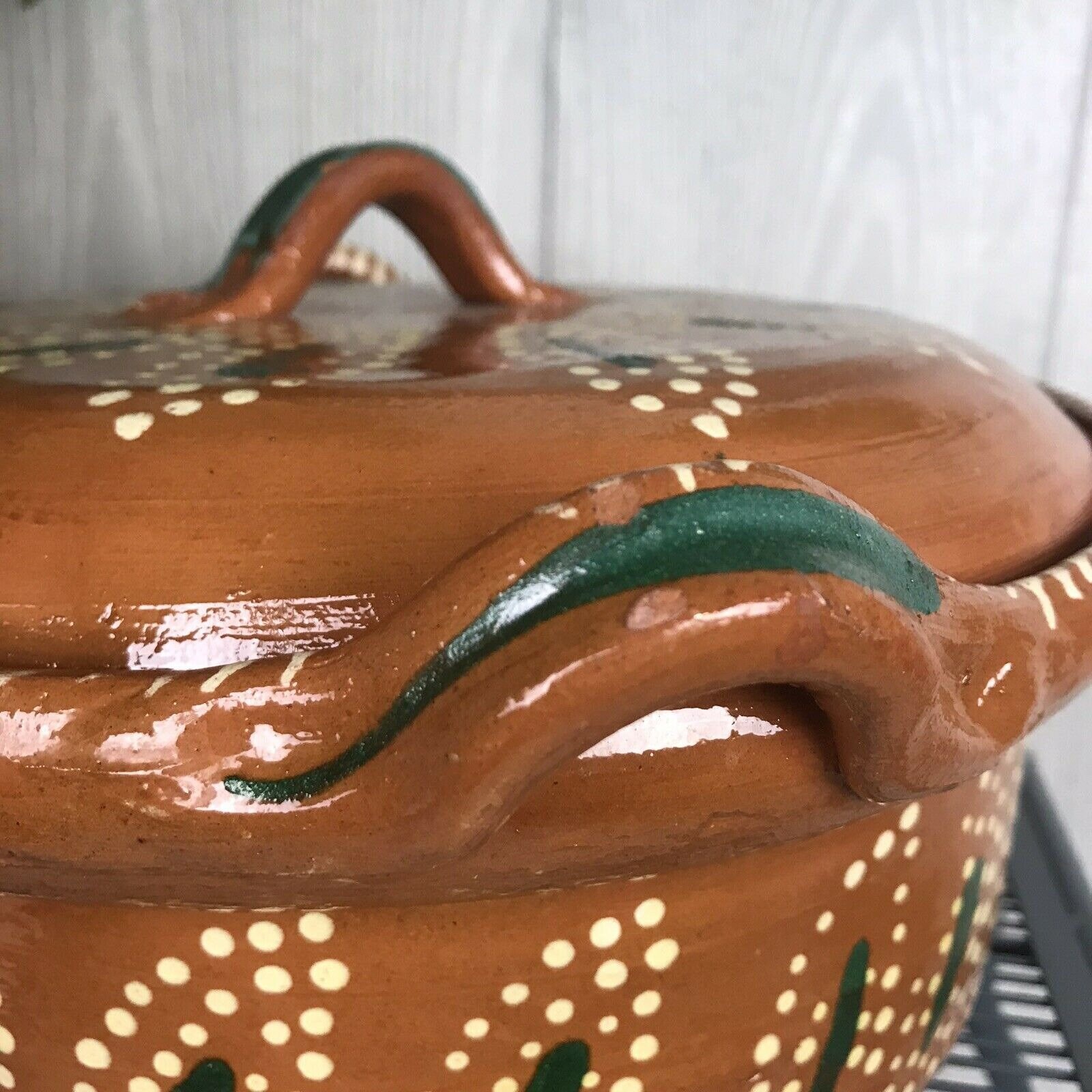 Vintage Redware Pottery Cazulea Hand Painted Lidded Round Casserole ...