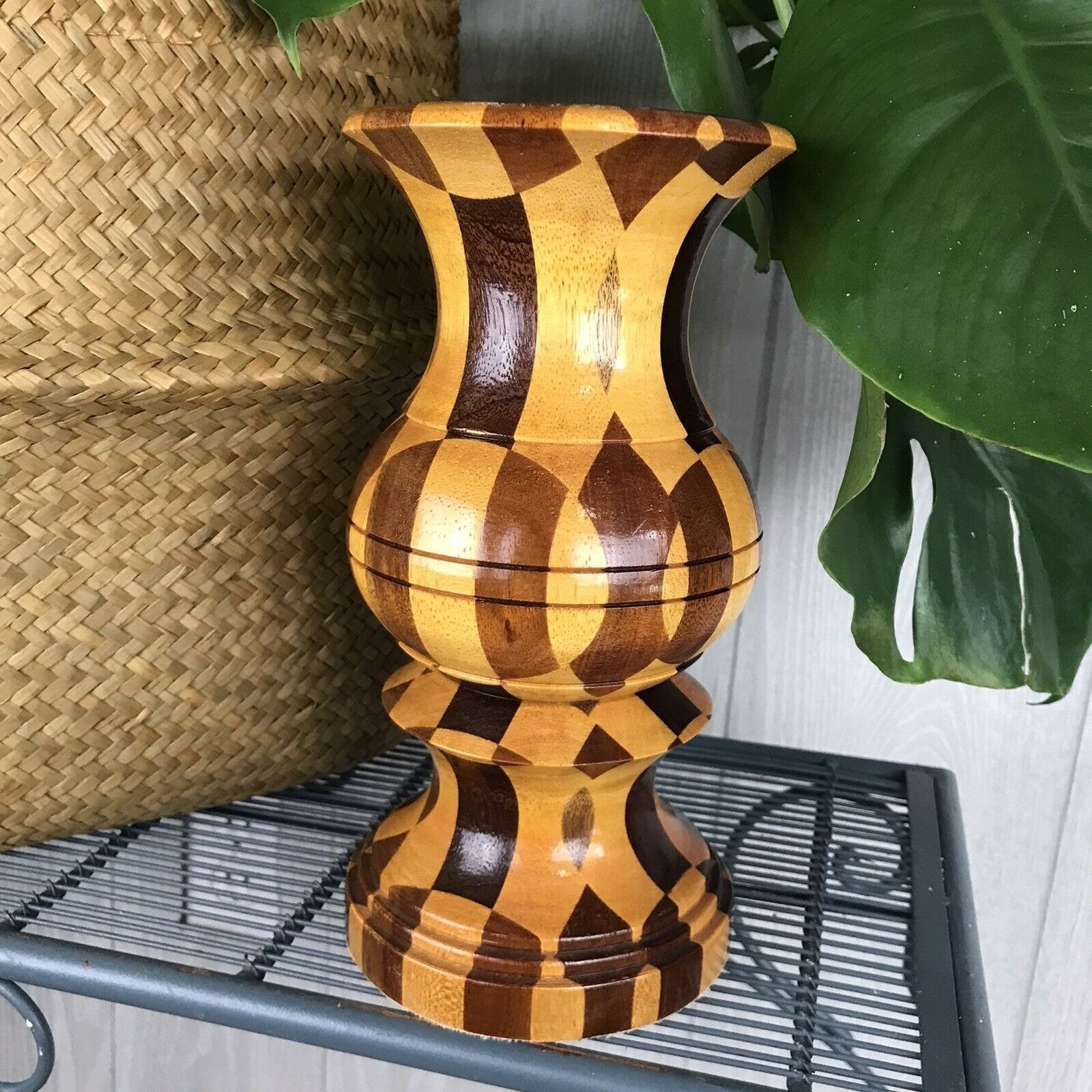 Vintage Segmented Multi Wood Mosaic Hand Turned Vase Two Tone Mid ...