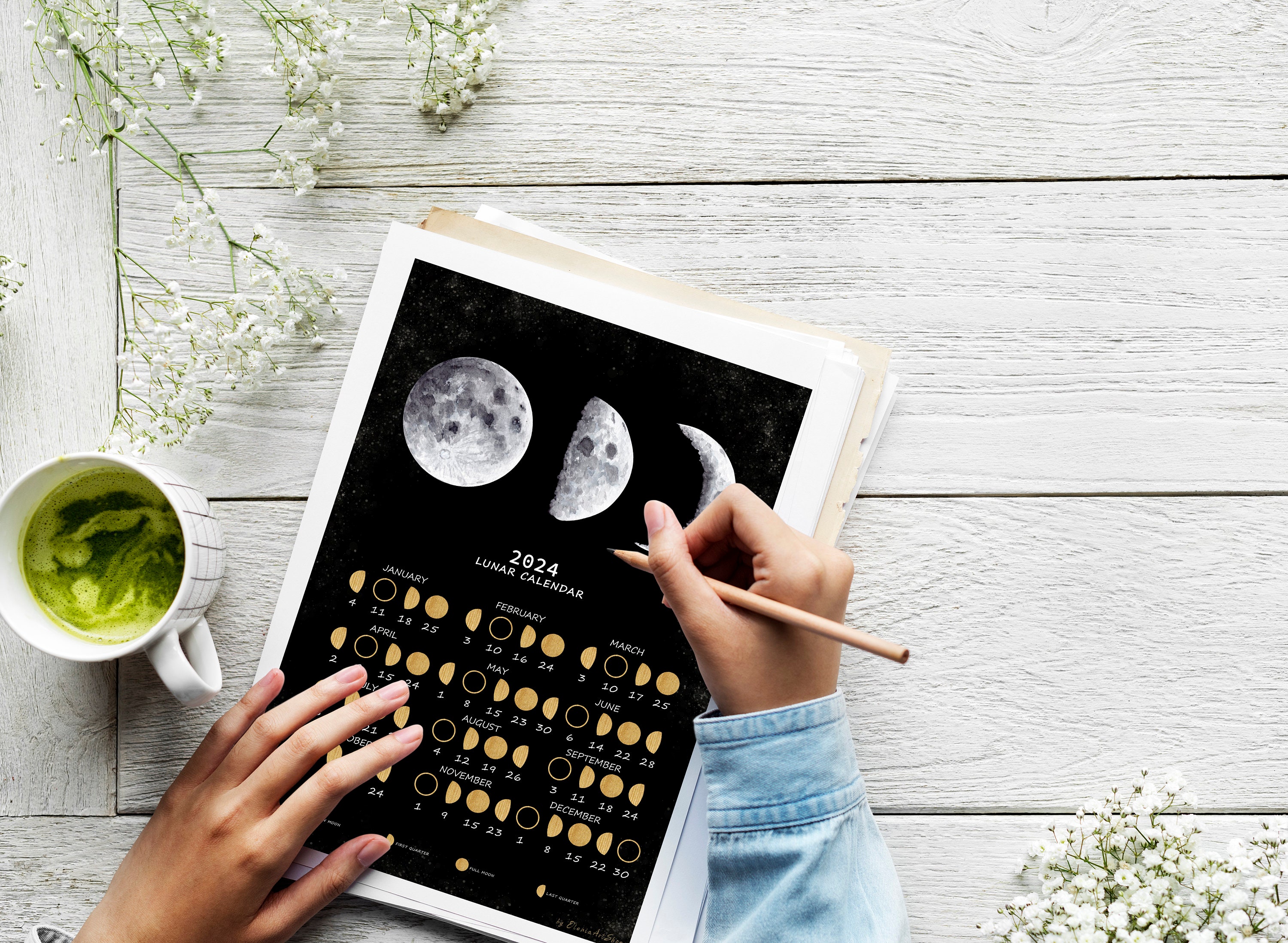 Mondkalender 2024, Mondkalender 2024, Aquarell Mond, Mondphasen, Wicca ...