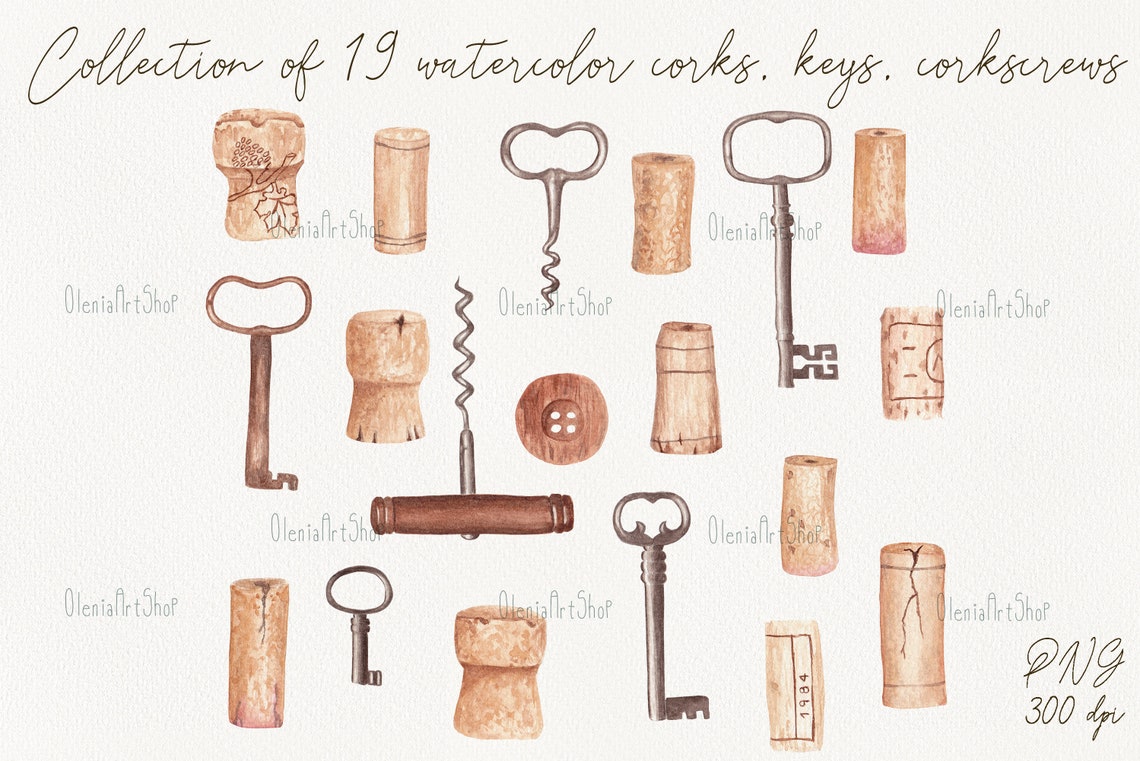 Watercolor Vintage Set, Watercolor Wine Cork Clipart, Vintage Keys ...