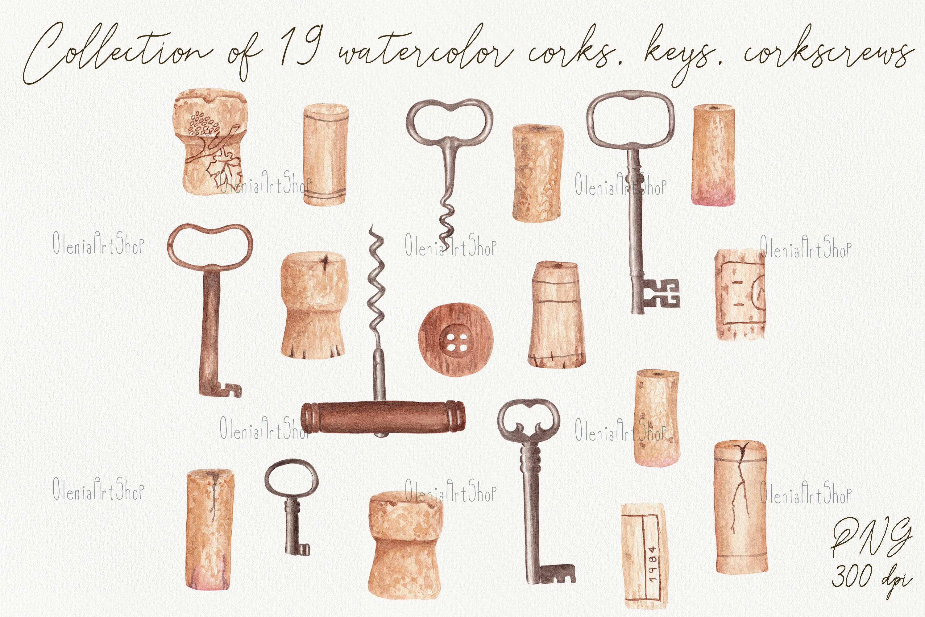 Watercolor Vintage Set, Watercolor Wine Cork Clipart, Vintage Keys ...