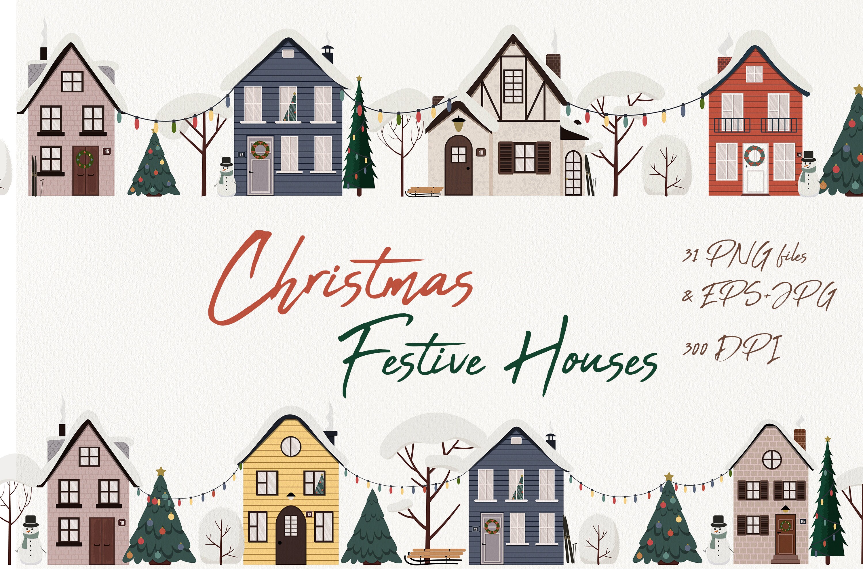 Vector Clipart Christmas Houses, Winter Street Clipart, Festive Houses ...