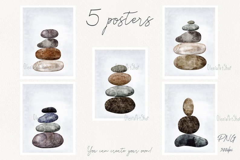 Zen Stone Tower Clipart, Balanced Stones Art, Watercolor Pebble Stones ...