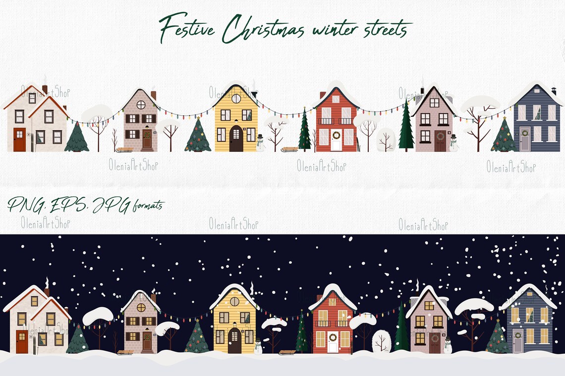 Vector Clipart Christmas Houses, Winter Street Clipart, Festive Houses ...