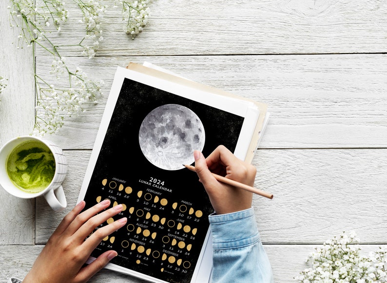 Lunar Calendar 2024, Moon Calendar 2024, Watercolor Full Moon Art, Moon ...