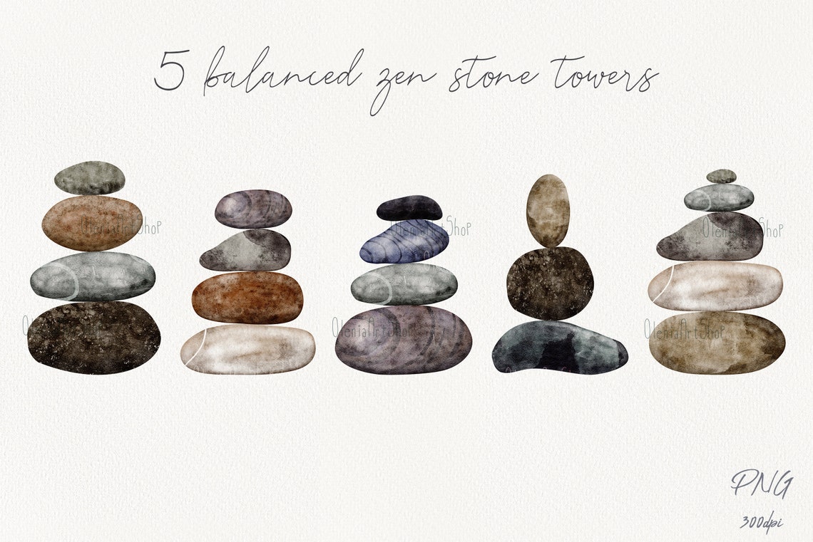 Zen Stone Tower Clipart, Balanced Stones Art, Watercolor Pebble Stones ...