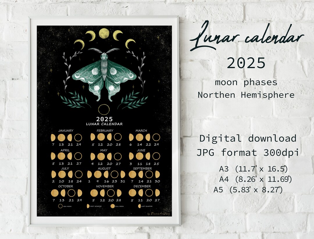 Lunar Calendar 2025, Moon Calendar 2025, Lunar Moth Digital Art, Moon ...