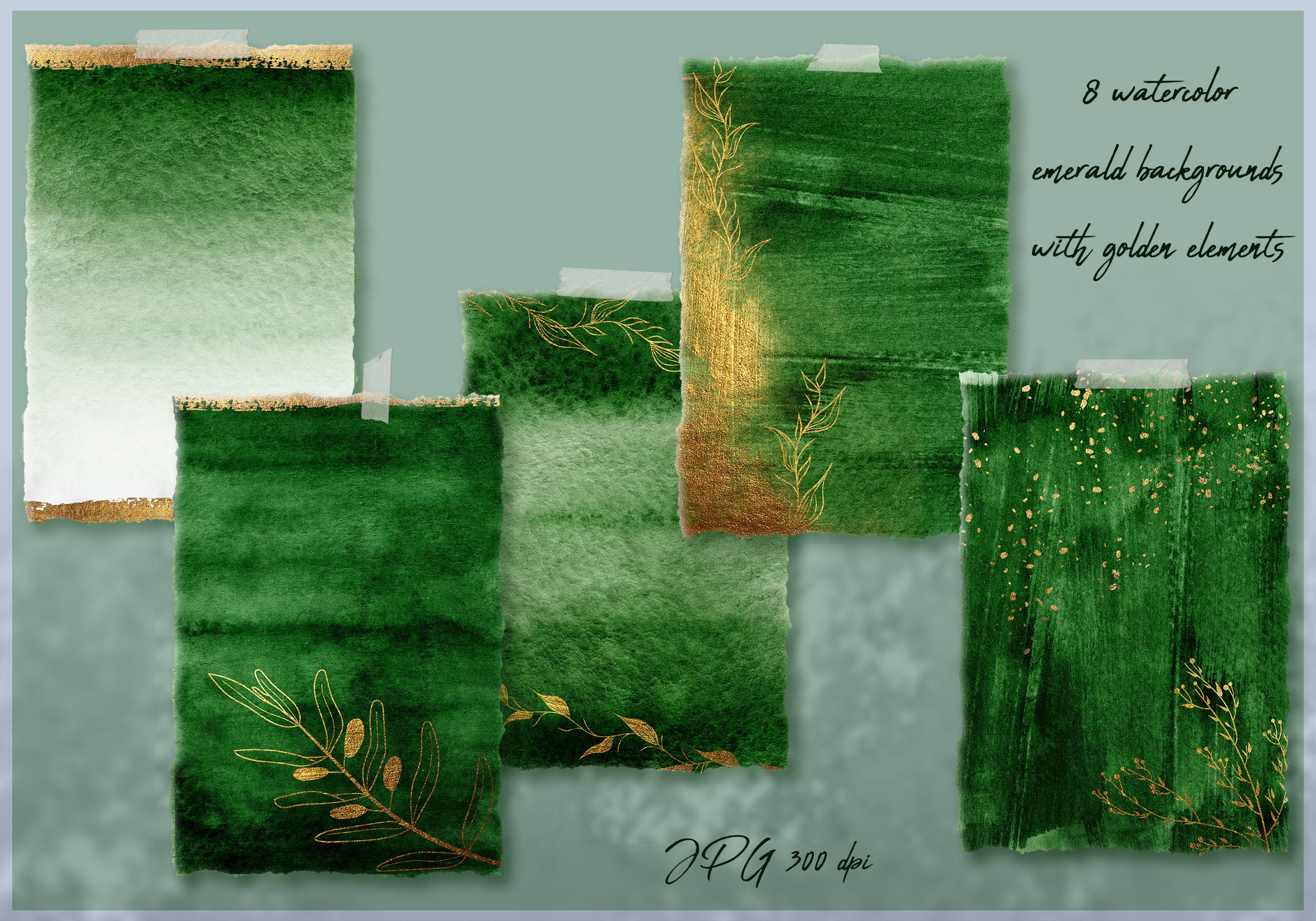 Watercolor Emerald and Gold Background, Dark Green Watercolor, Green ...