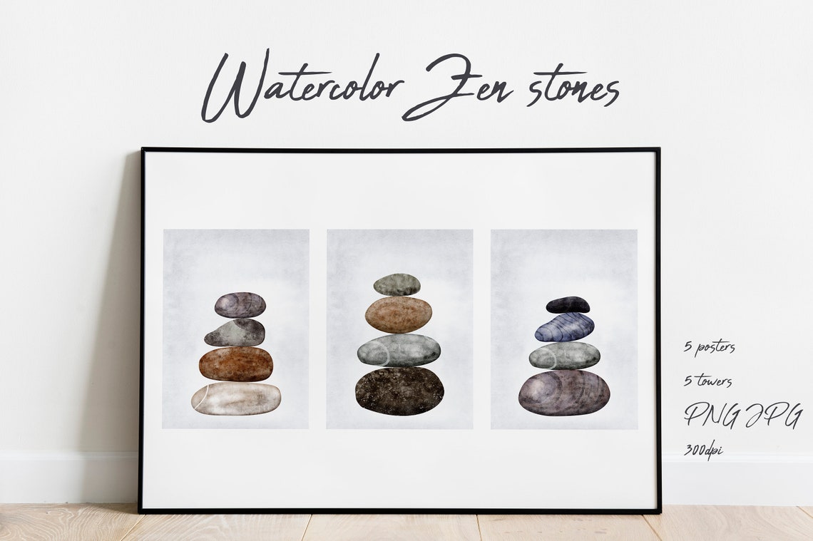 Zen Stone Tower Clipart, Balanced Stones Art, Watercolor Pebble Stones ...