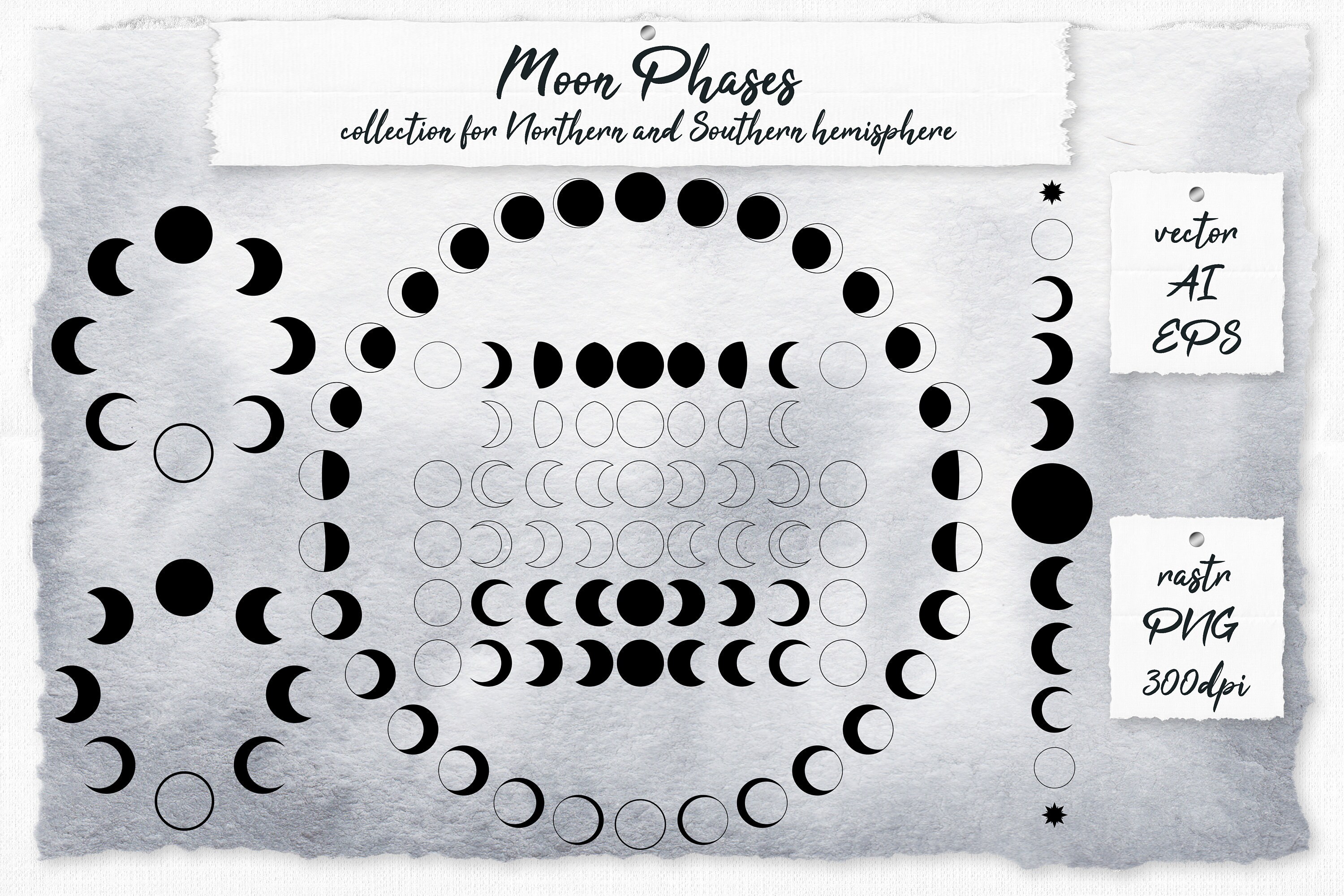 Moon Phases Collection, Moon Vector Icons, Hand Drawn Moon Clipart ...