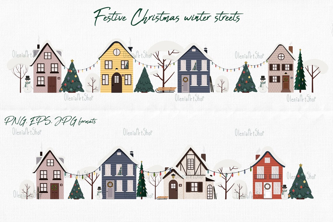 Vector Clipart Christmas Houses, Winter Street Clipart, Festive Houses ...
