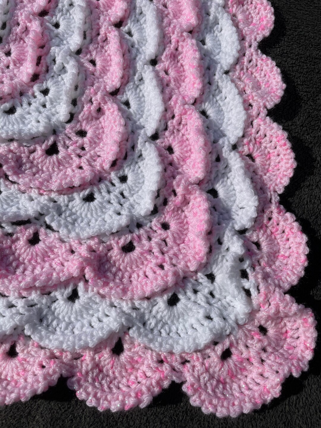 Pink and white crochet baby blanket, meringue style blanket, frilly ...