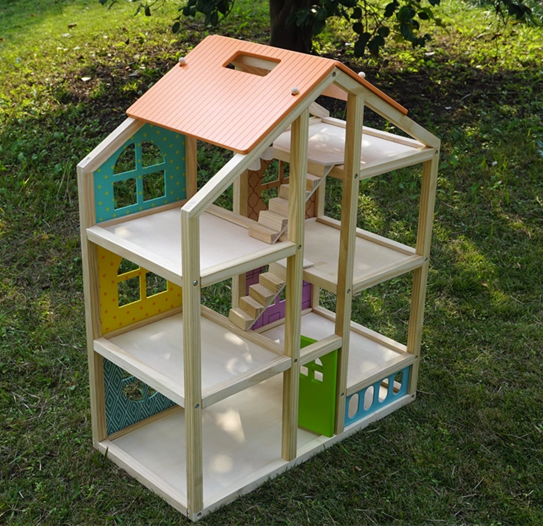 3 Storey Wooden Doll House, Wooden Nordic Dollhouse With Furniture Set ...