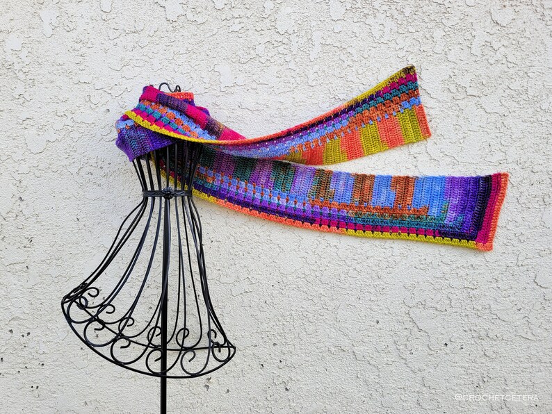 Chroma Story Mitered Striped Scarf Crochet Pattern With Granny Square ...