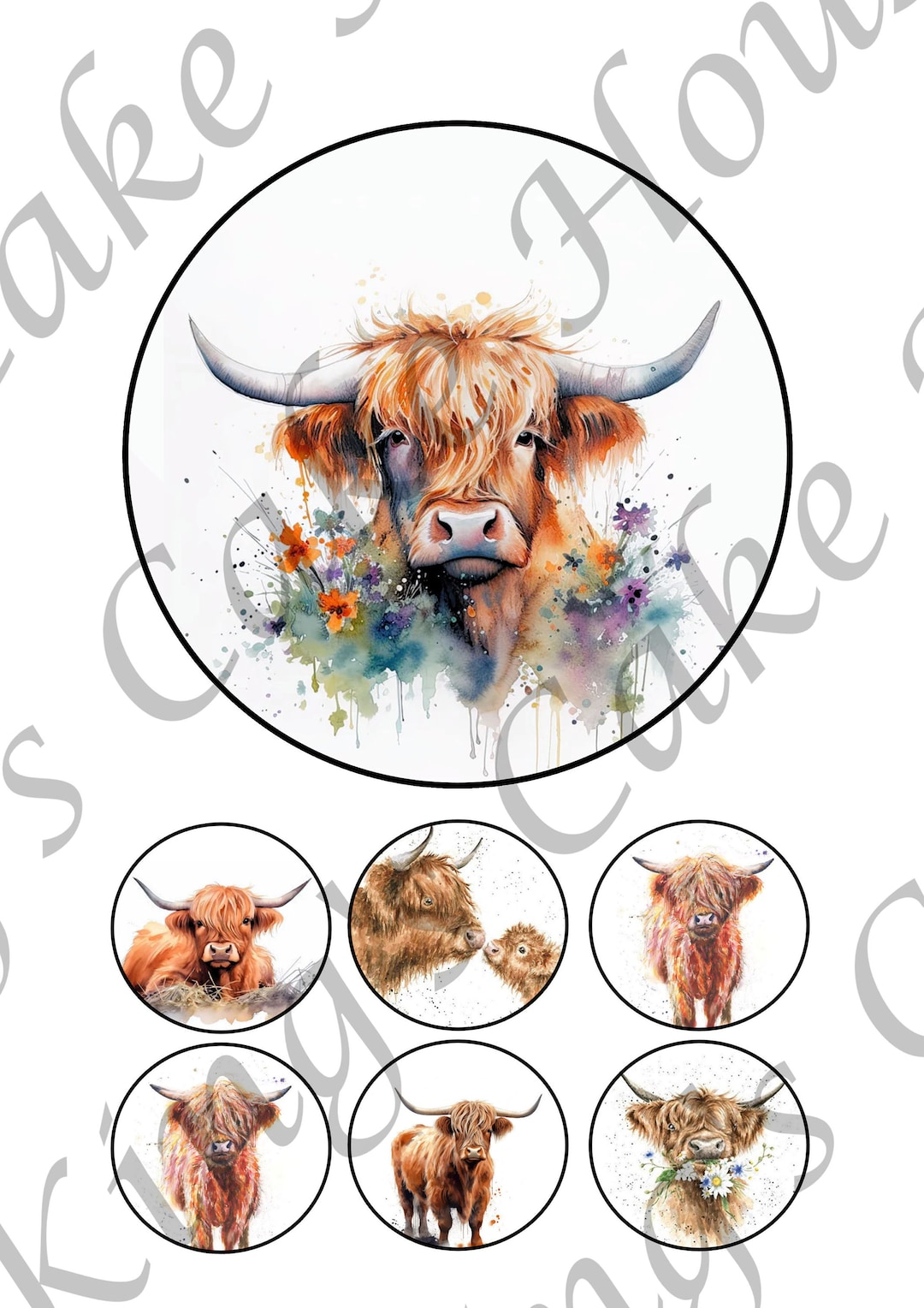 Highland Cow Round Cake Topper With 6 Cupcake Toppers, Edible Icing ...