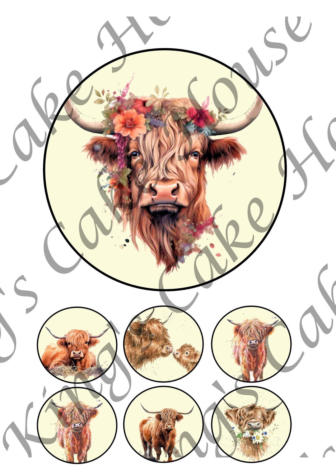 Highland Cow Round Cake Topper With 6 Cupcake Toppers, Edible Icing ...