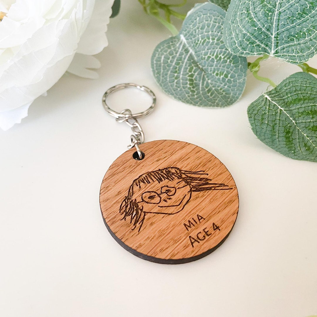 Personalised Wooden Child’s Drawing Keyring Key Tag Keychain, Wooden ...