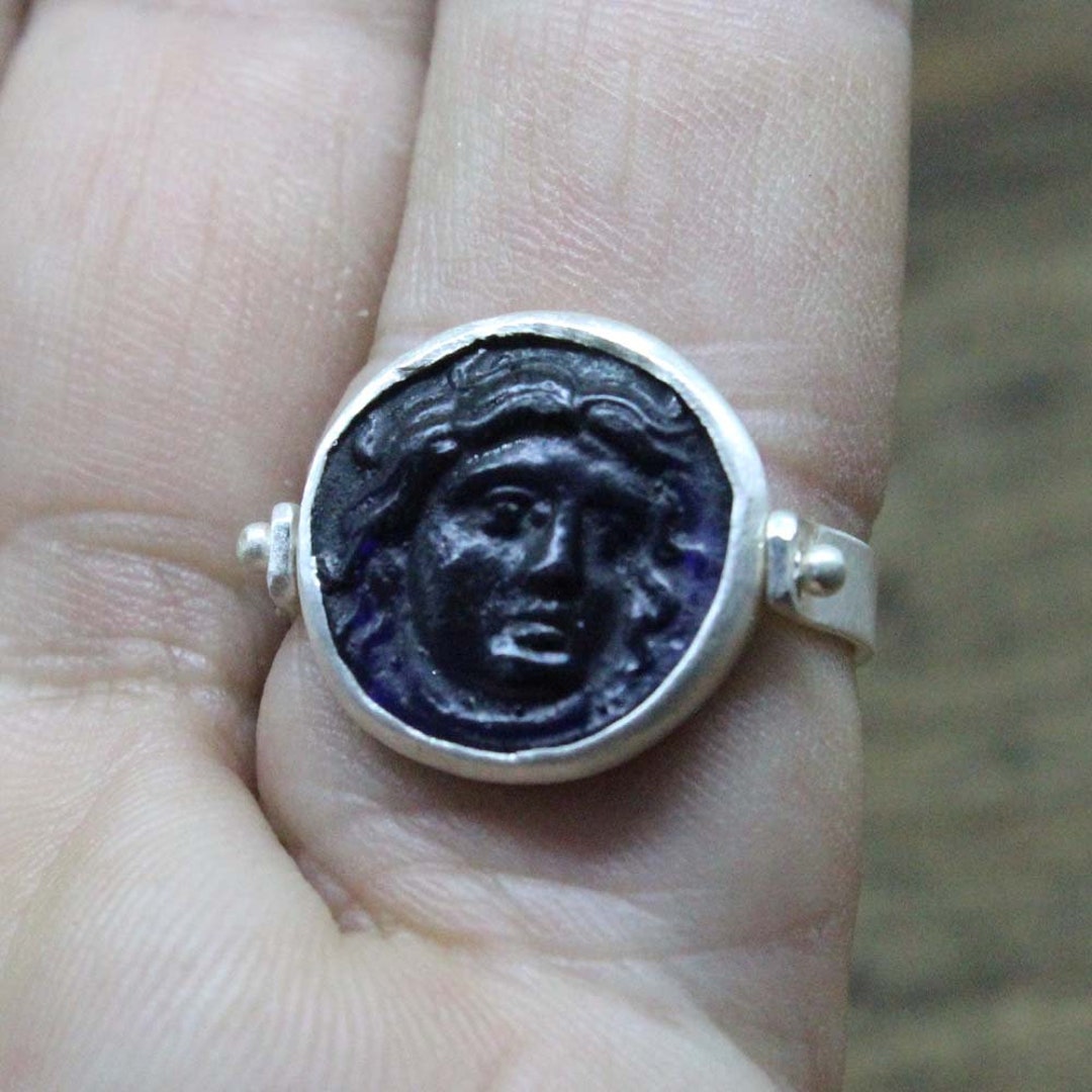 Intaglio Medusa Ring: Blue Glass, Sterling Silver 925K, Greek Mythology ...
