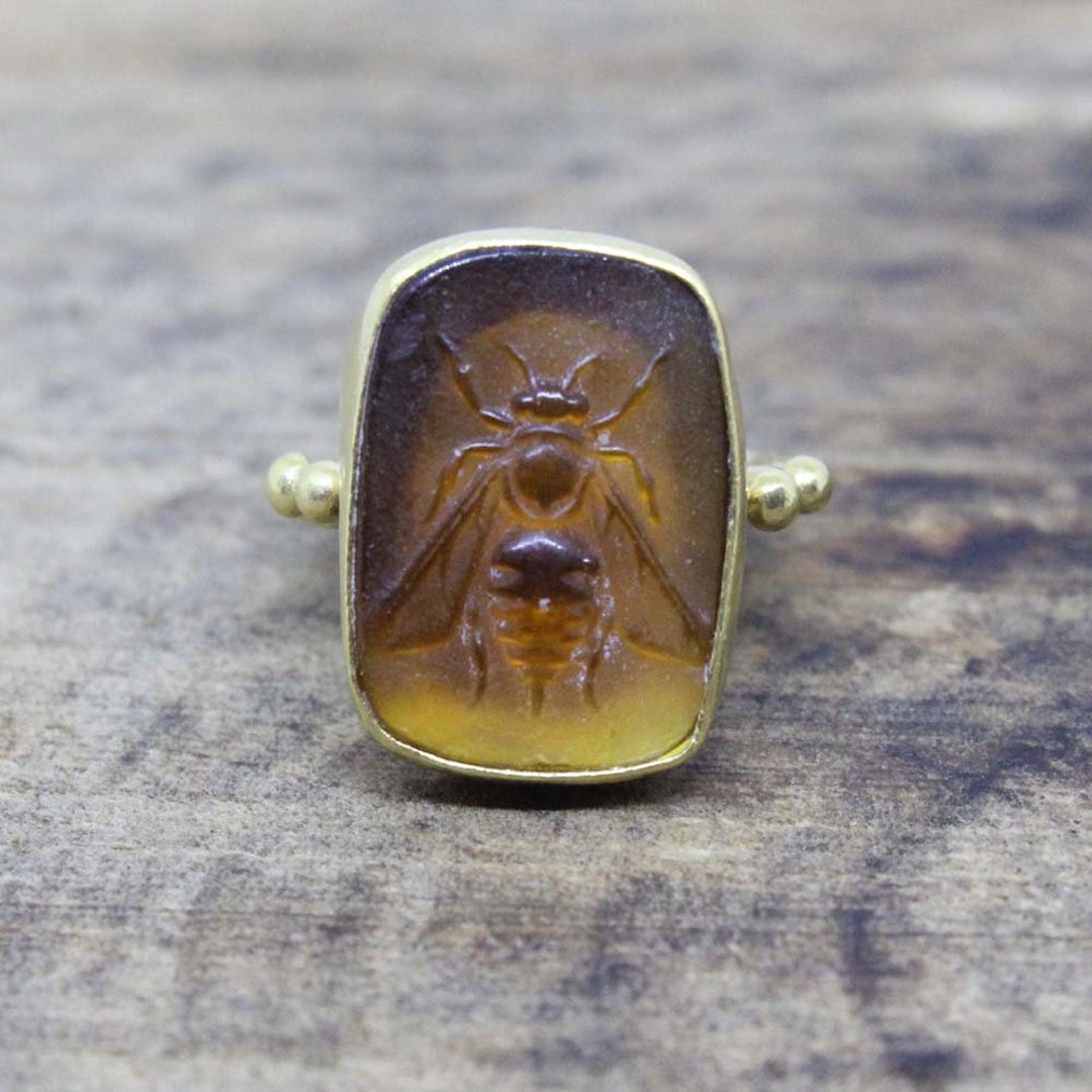 Unique Honey Bee Sterling Silver Signet Ring • Intaglio Glass Silver ...
