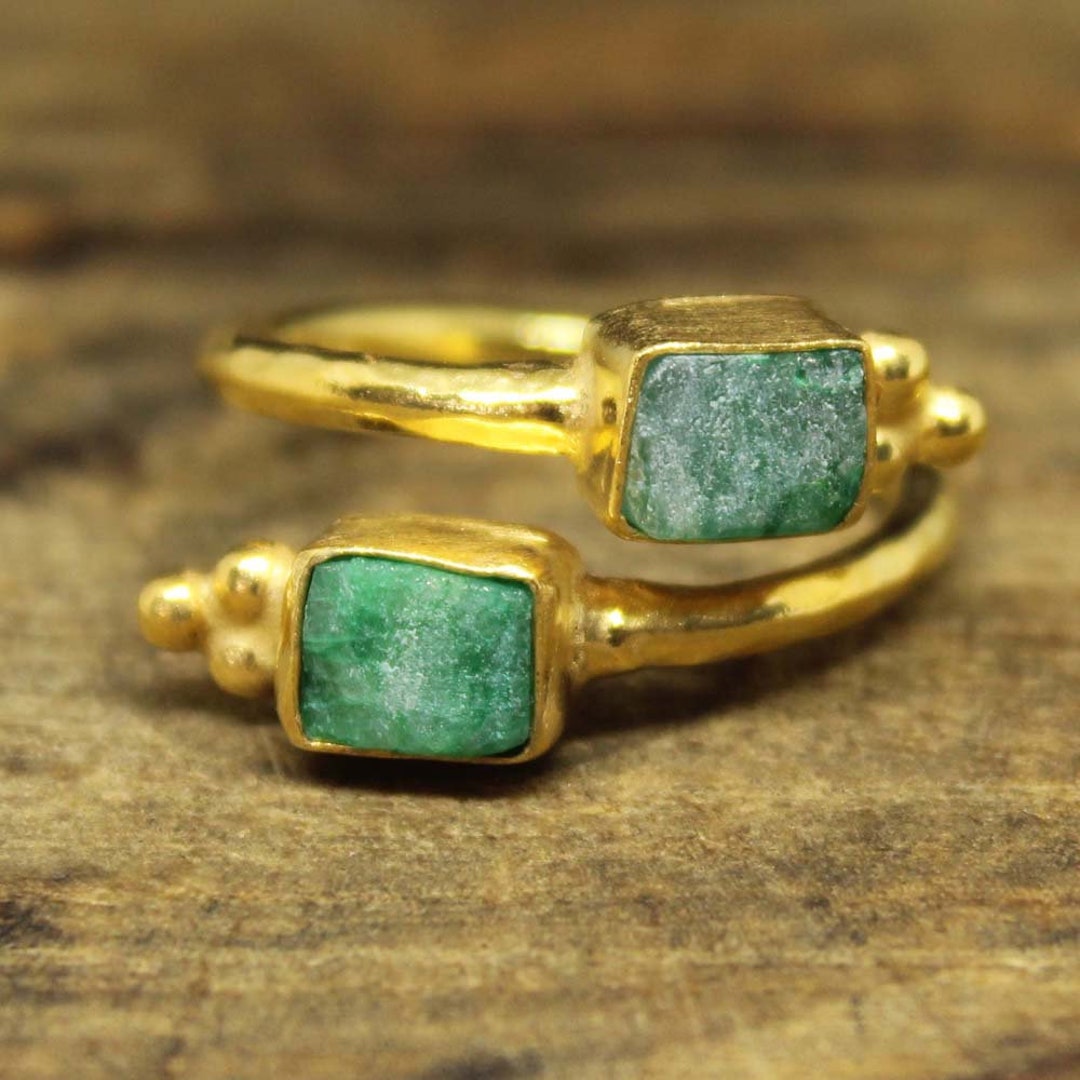 Raw Natural Emerald Unique Design Adjustable Minimalist Sterling Silver ...
