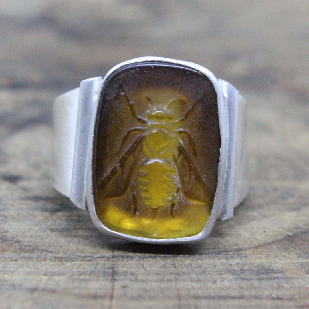 Intaglio Knight Yellow Bee Glass, Gold Plated Ring, Glass Art Intaglio ...