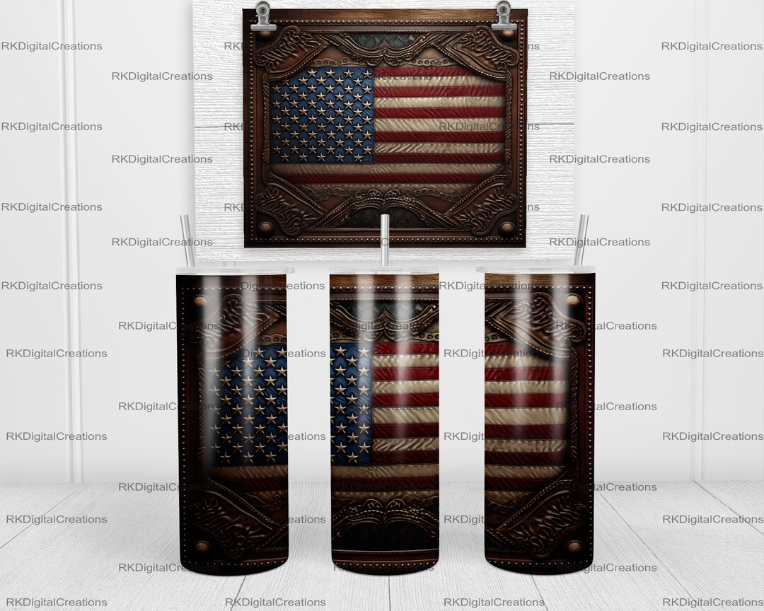 Tooled Leather American Flag, Western Country Rodeo 20 Oz Skinny ...